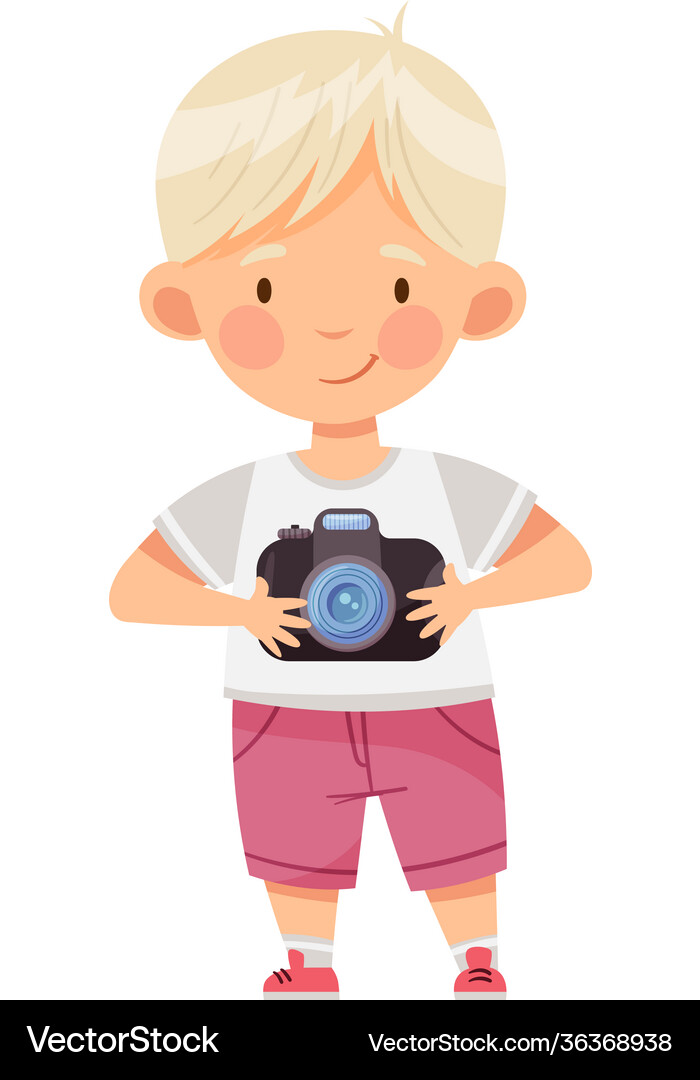 Blond boy holding camera and taking photo Vector Image