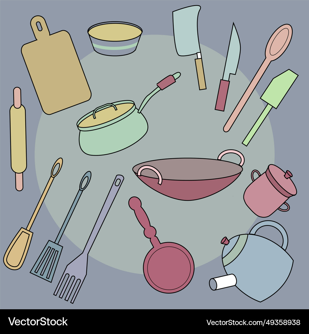 Kitchen utensils set in muted pastel colors Vector Image