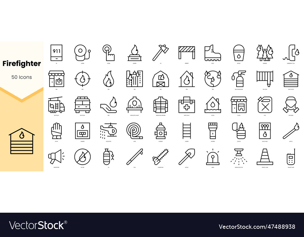 Set of firefighter icons simple line art style Vector Image
