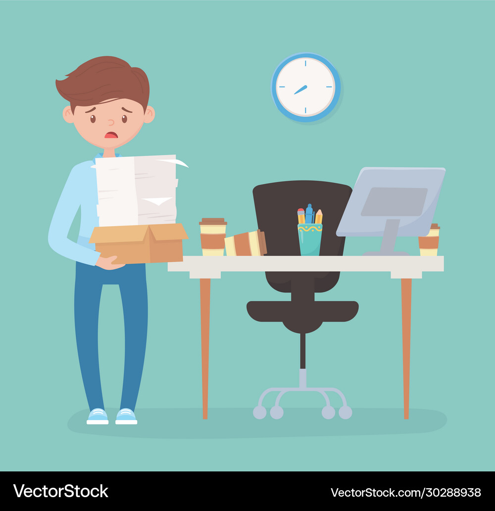 Stressed employee with many papers and box in Vector Image