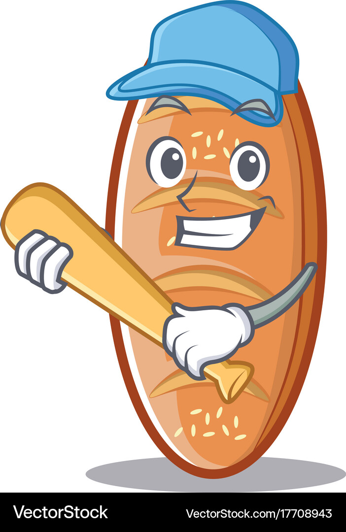 Playing baseball baked bread character cartoon Vector Image