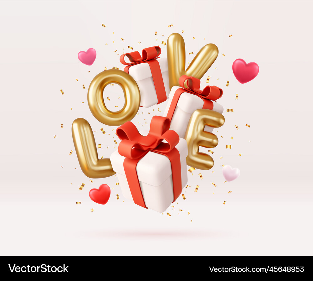 3d valentines day gift boxes with red bows gold Vector Image