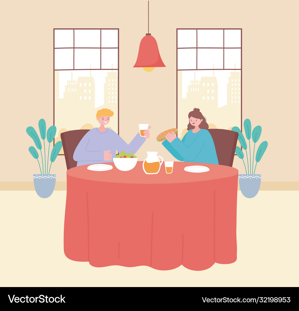 Restaurant social distancing couple have dinner Vector Image