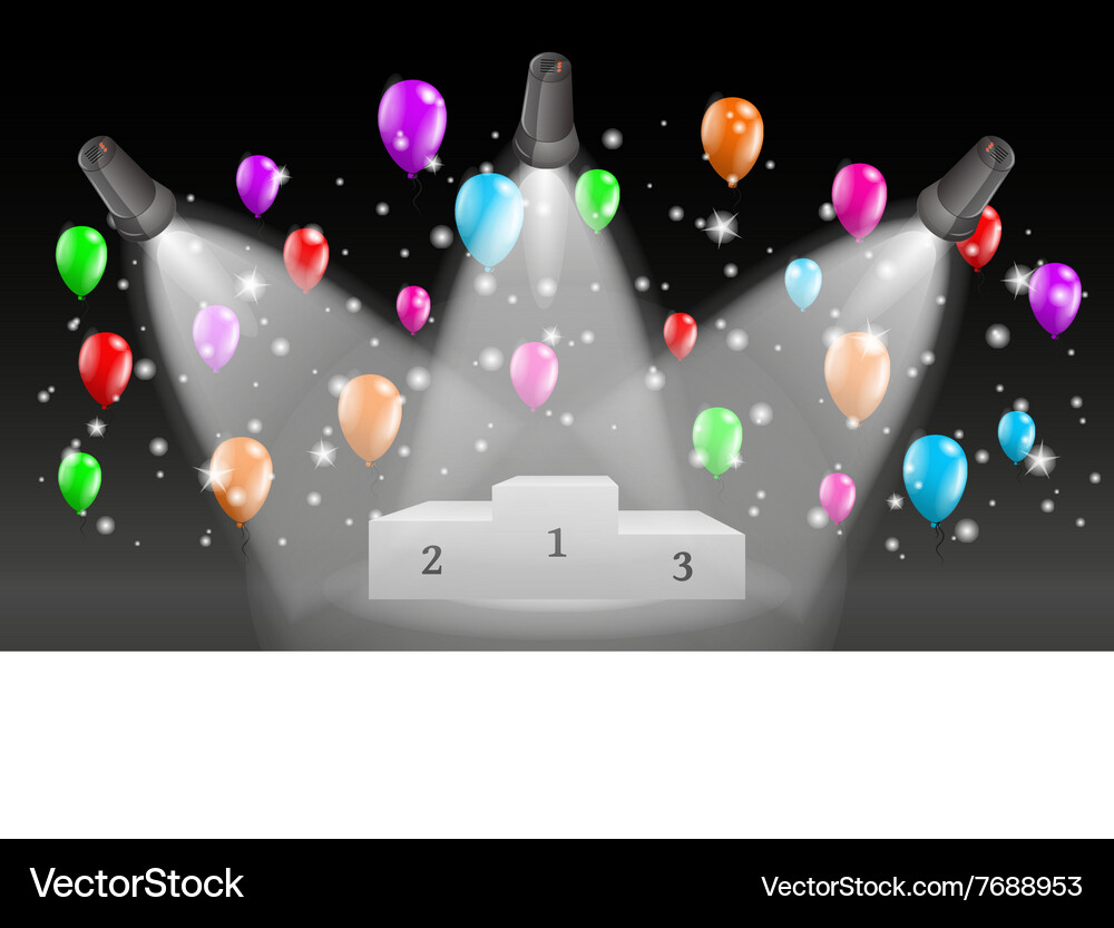 Winning podium and lights with balloons Royalty Free Vector