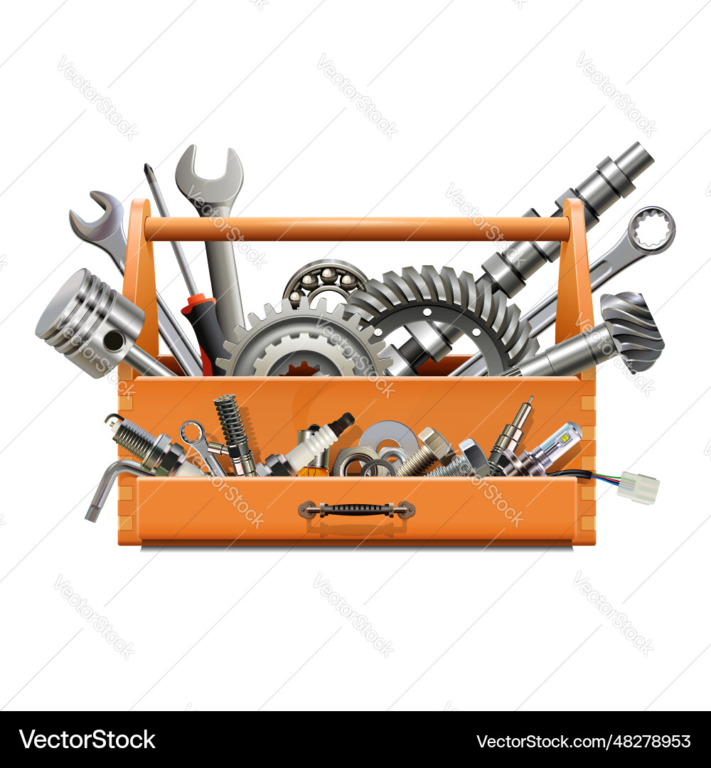 Wooden toolbox with motor spares and tools Vector Image