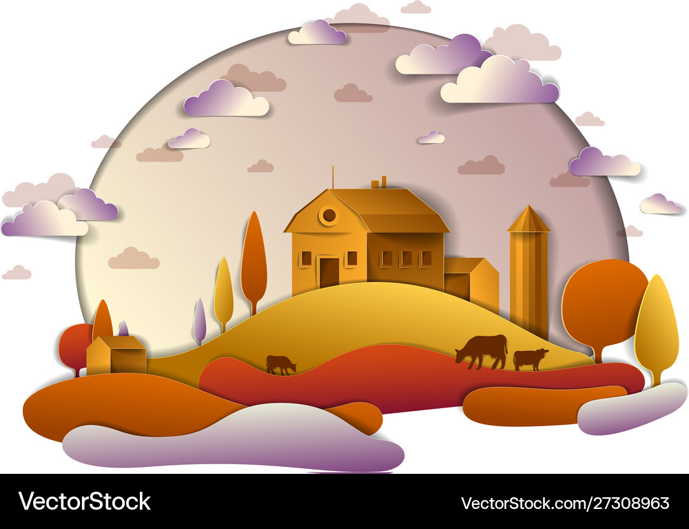 Farm in scenic autumn landscape fields Royalty Free Vector