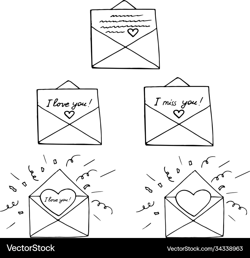 Heart in an envelope set sketch hand drawn doodle Vector Image