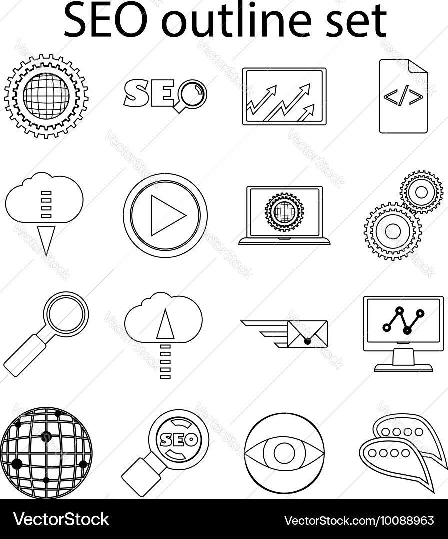 Seo icons set in outline style Royalty Free Vector Image