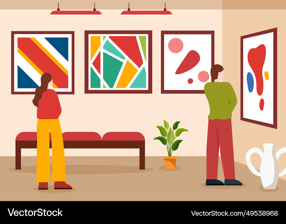 Exhibition visitors viewing a gallery with modern Vector Image