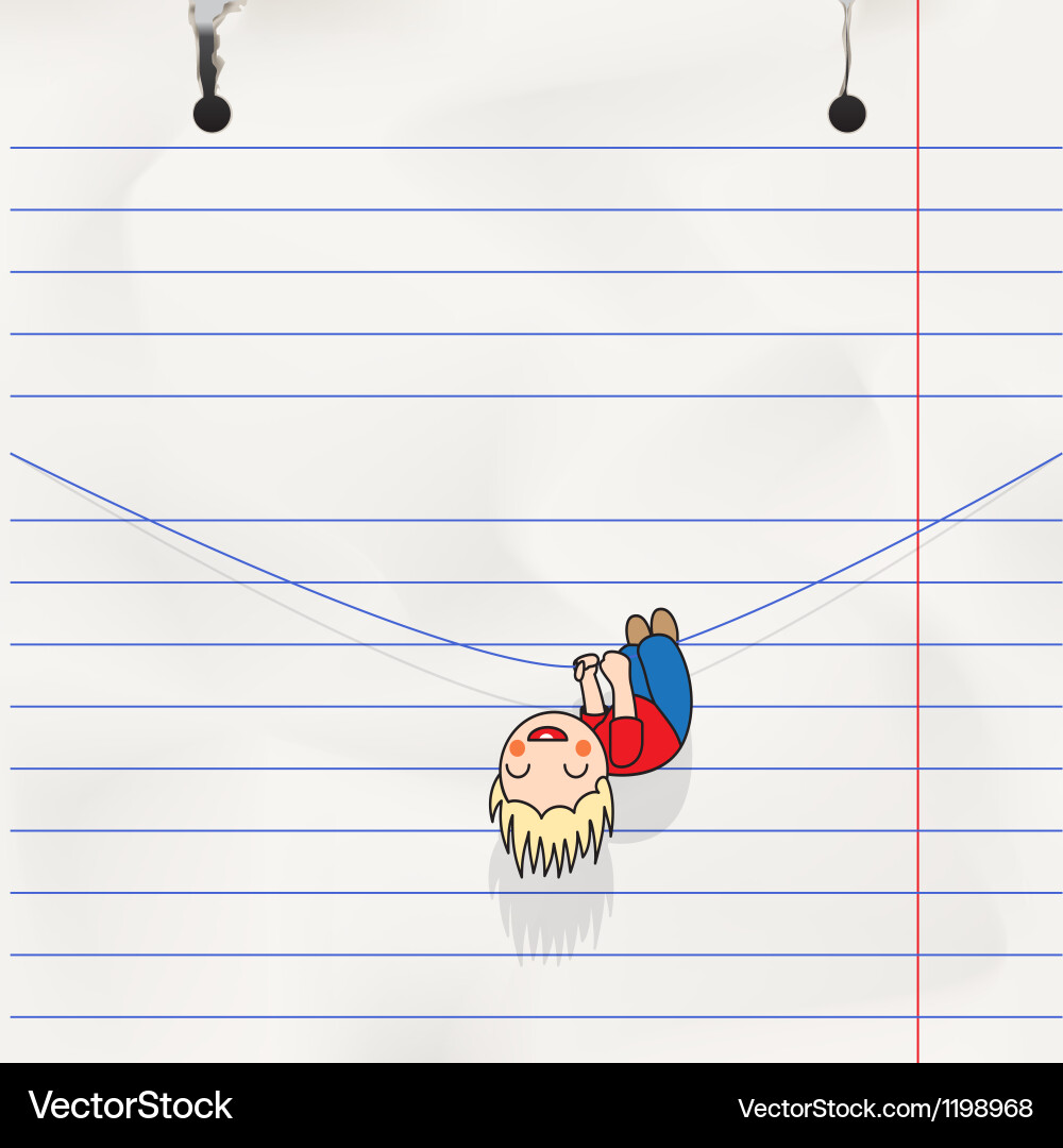 Fun boy hanging on the rope childs notebook page Vector Image