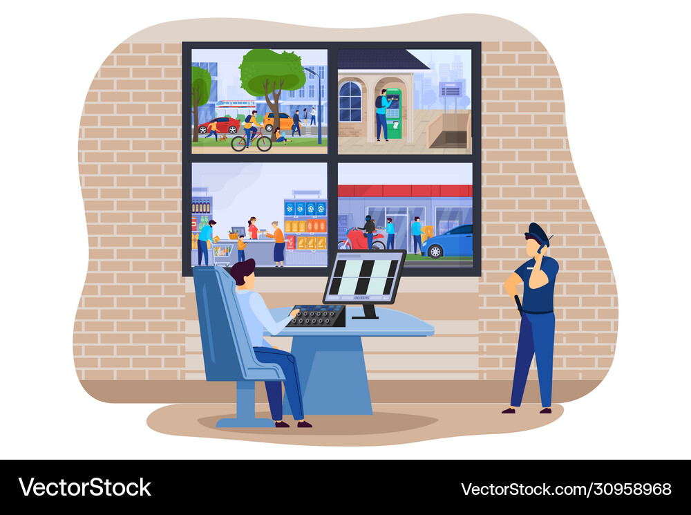 Home security camera monitors in police office Vector Image