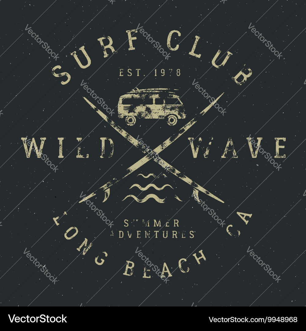 Surfing tee design in vintage rubber style with Vector Image