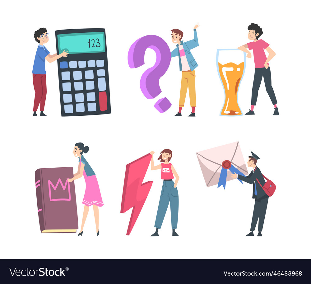 Tiny people characters holding huge objects Vector Image