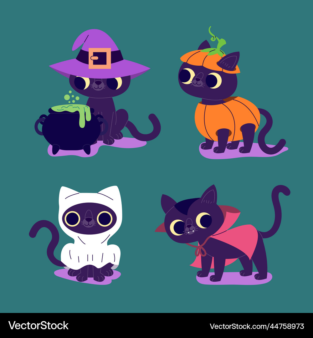 Hand drawn flat halloween black cats collection Vector Image