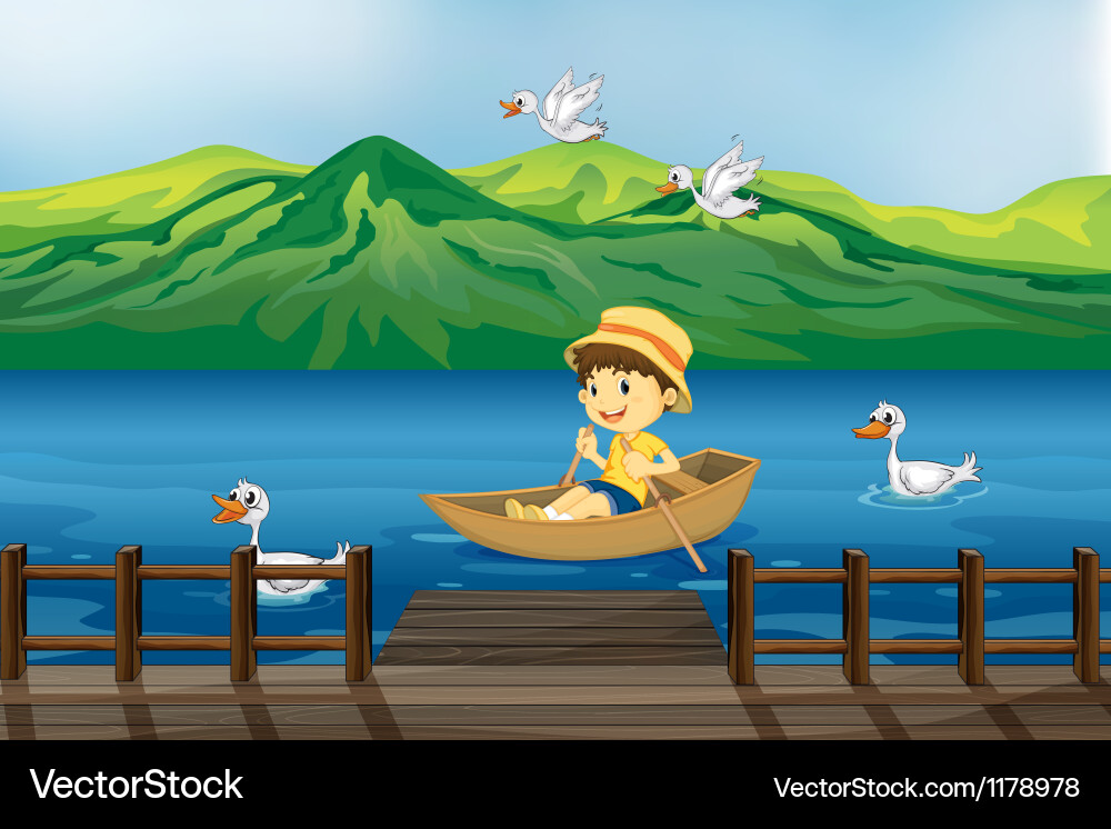 A boy riding on wooden boat Royalty Free Vector Image