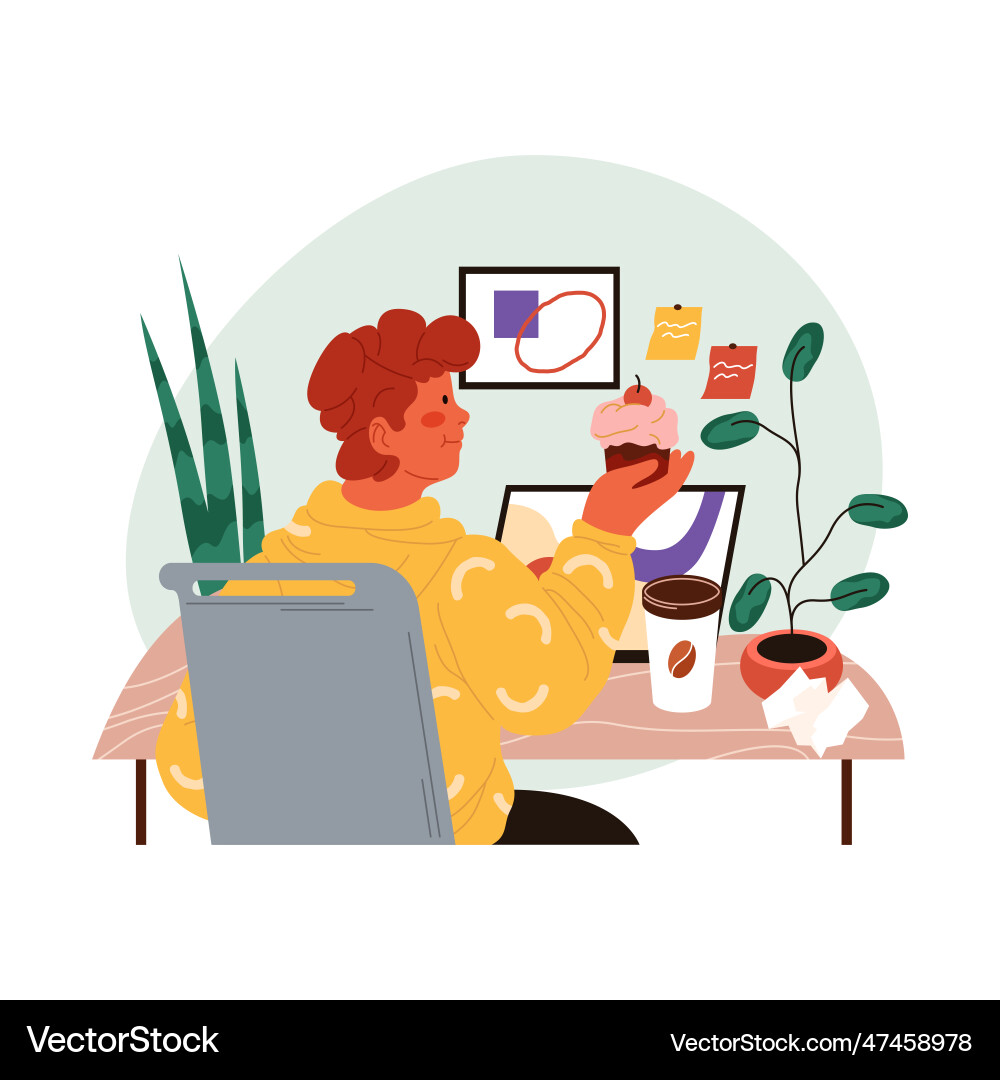 Woman eat cake at workplace during break Vector Image