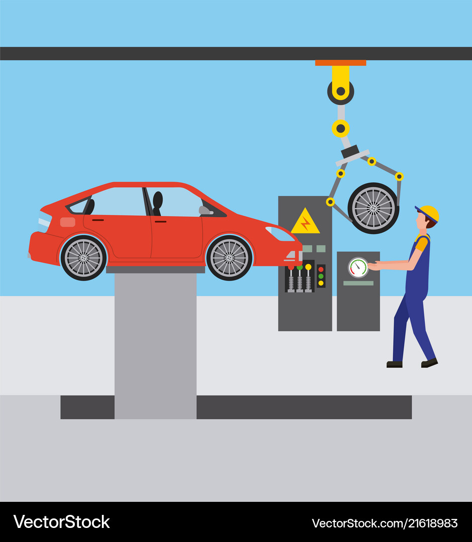 Automotive industry operator robotic arm wheel Vector Image