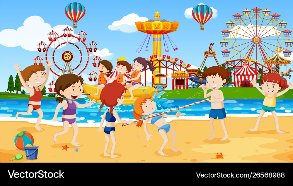 Active kids playing in outdoor scene Royalty Free Vector