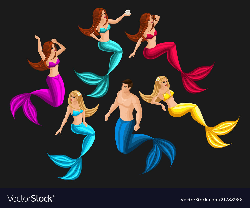 Isometry set of mermaids in different poses for Vector Image