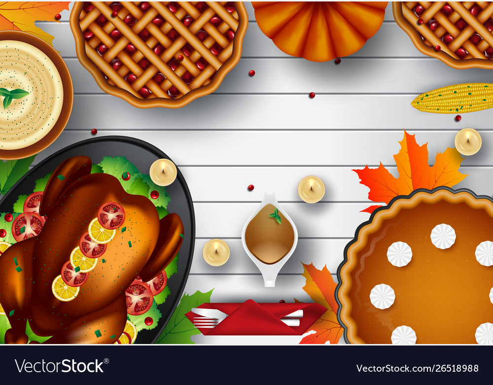 Thanksgiving turkey dinner on white wooden table Vector Image