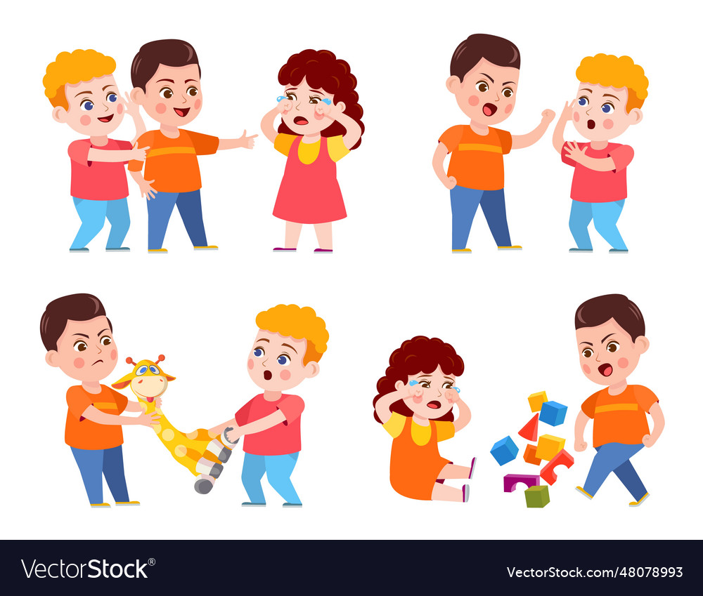 Bully child cartoon bad kid fight and mock crying Vector Image