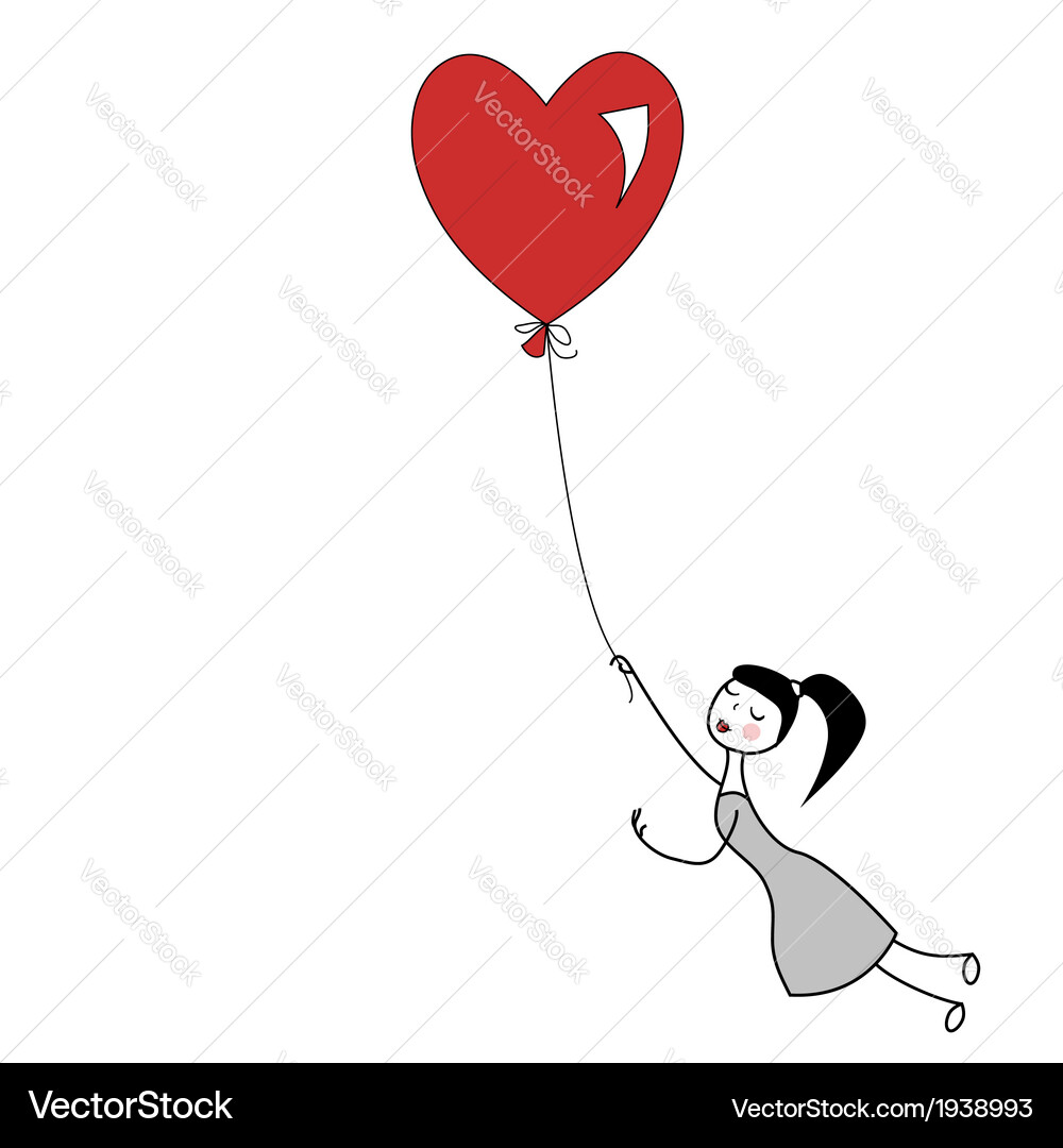 Girl holding string flying heart balloon Vector Image