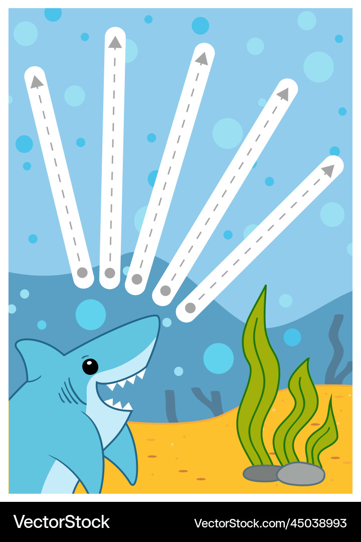 Trace the dotted lines from shark education game Vector Image
