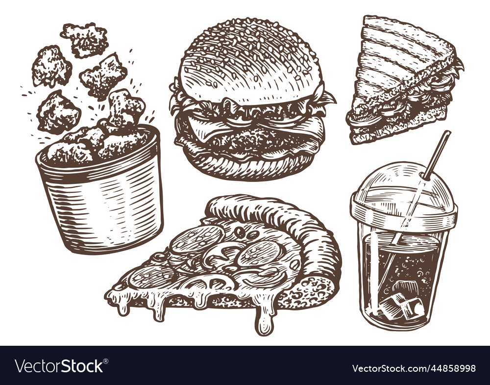 Burger fried chicken meat cola slice of pizza Vector Image Burger fried chicken meat cola slice of pizza Vector Image