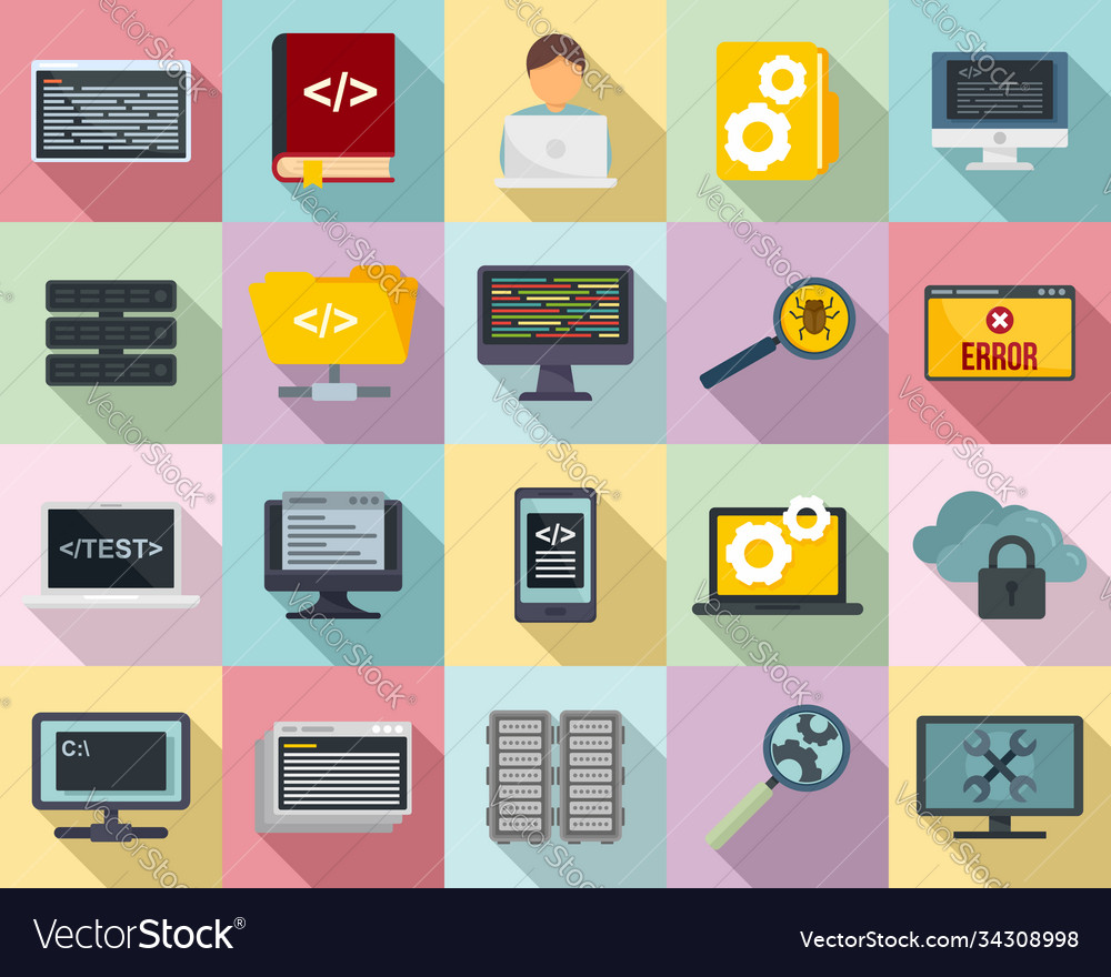 Testing software icons set flat style Royalty Free Vector