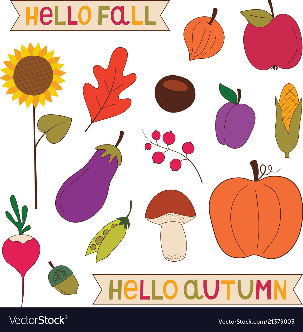 Hello fall nature elements clip art set Royalty Free Vector