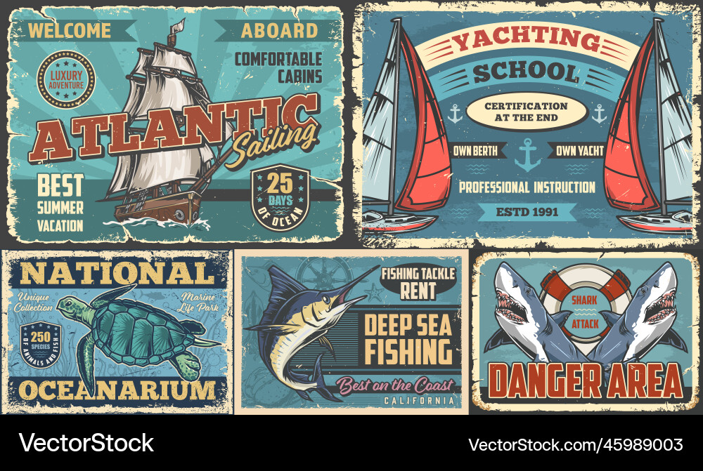 Nautical adventure flyers colorful set Royalty Free Vector