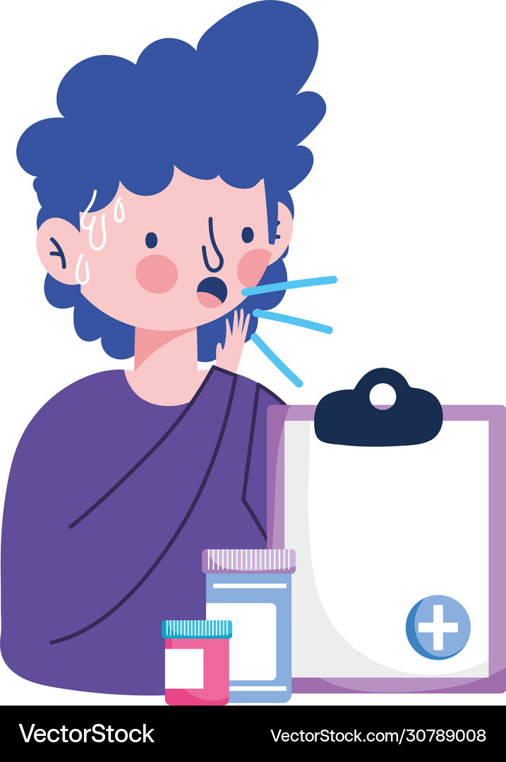 Man with dry cough document and medicine jars Vector Image