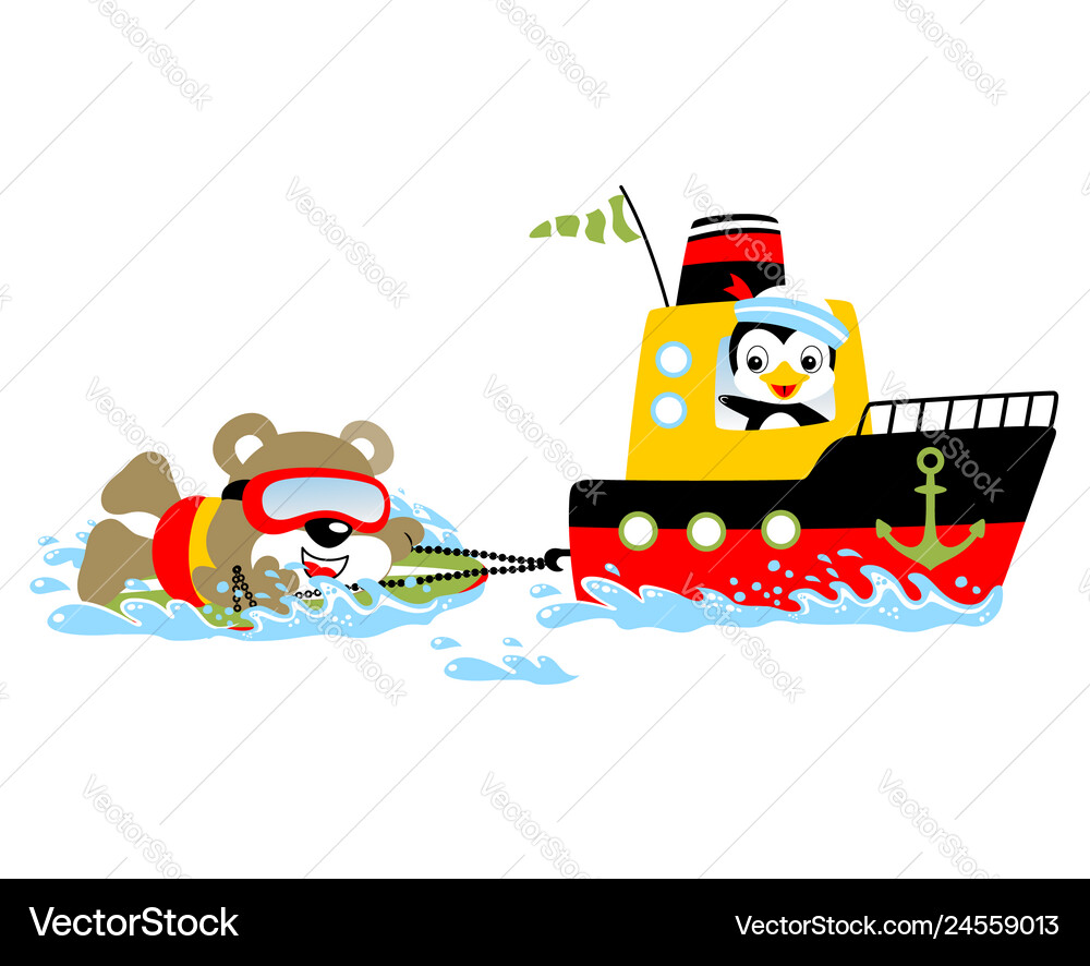 Cartoon Surf Attraction with Boat & Animals Vector Image