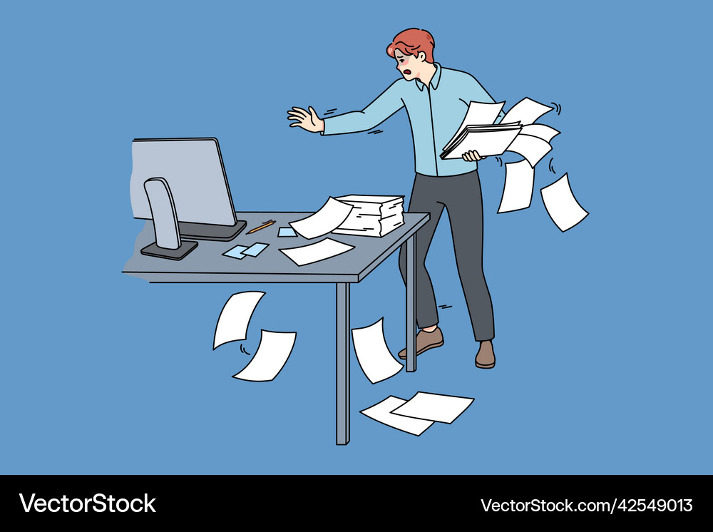 Clumsy employee collect paperwork in office Vector Image