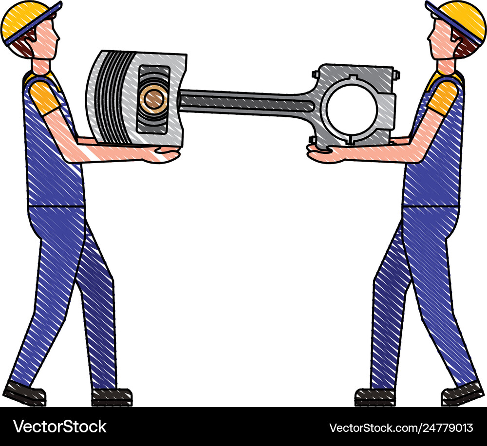 Worker mechanics with automotive piston spare part