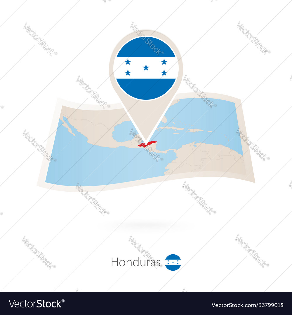 Folded paper map honduras with flag pin Royalty Free Vector