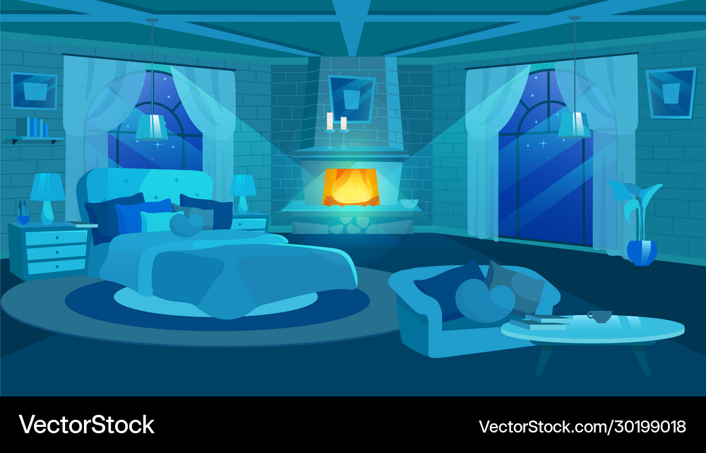Old house bedroom interior at night flat huge Vector Image
