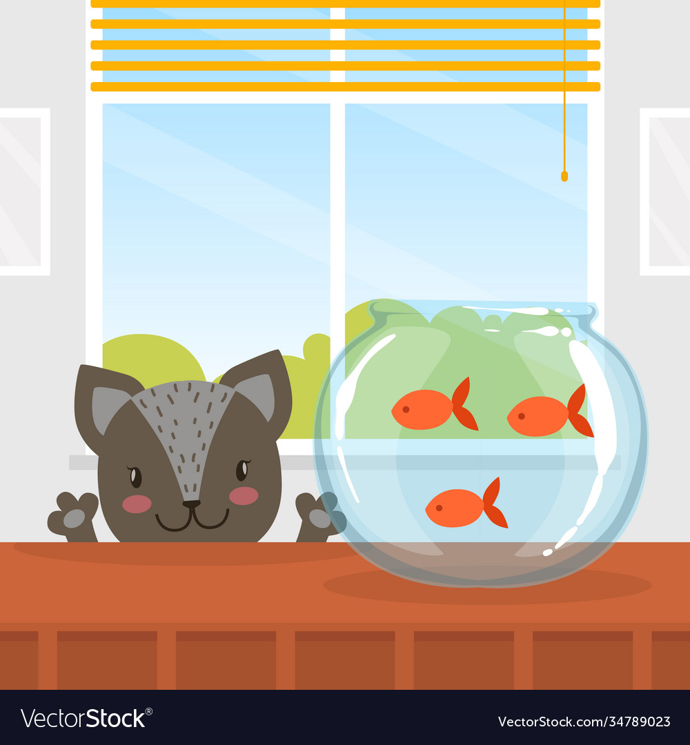 Cute funny cat looking at fishes in aquarium Vector Image