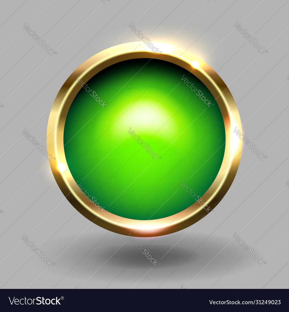Green shiny circle blank button with gold metallic