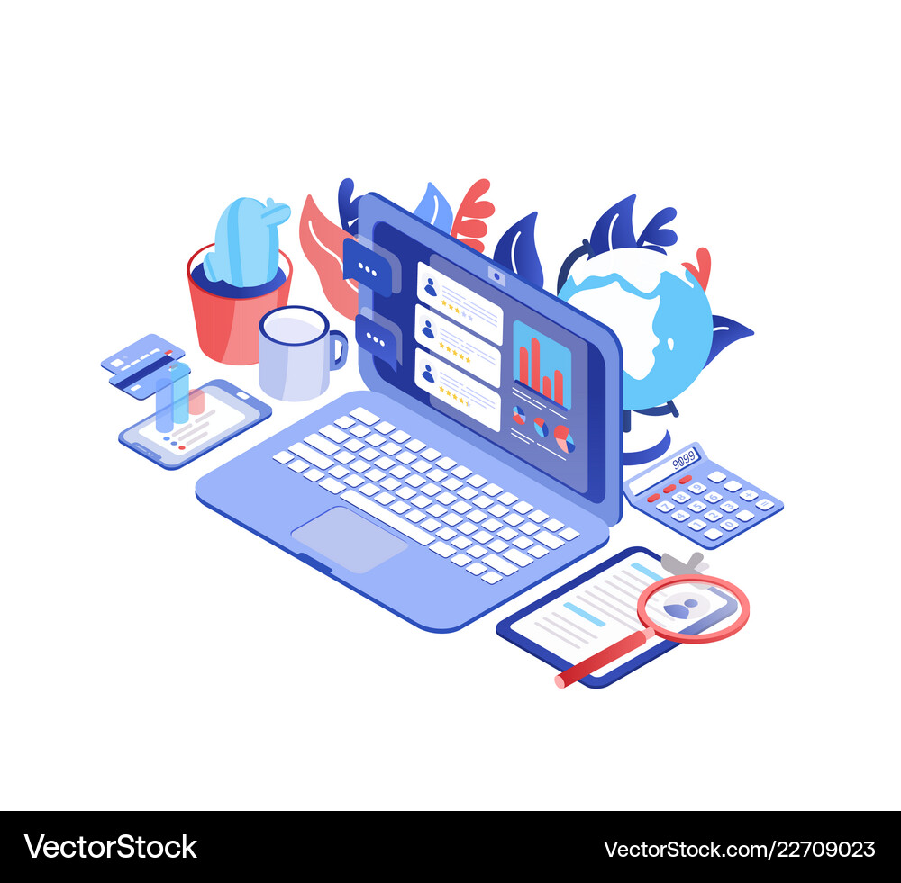 Laptop with consumers reviews on screen Royalty Free Vector