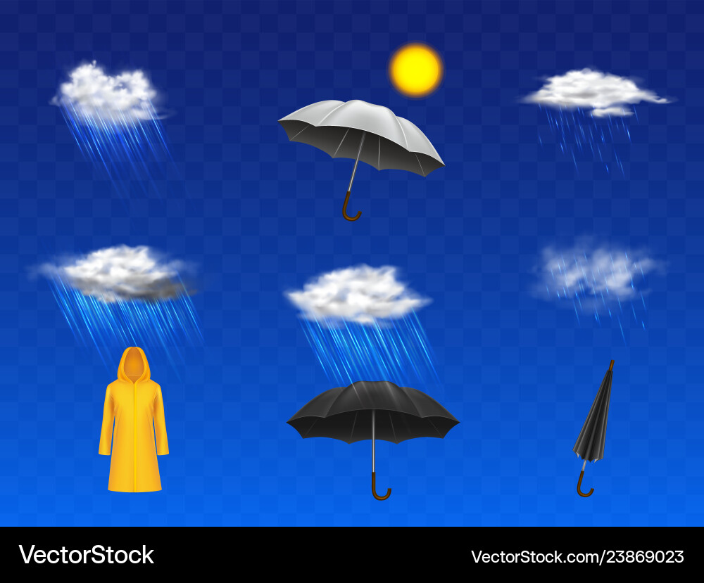 Rainy weather forecast icons realistic set Vector Image