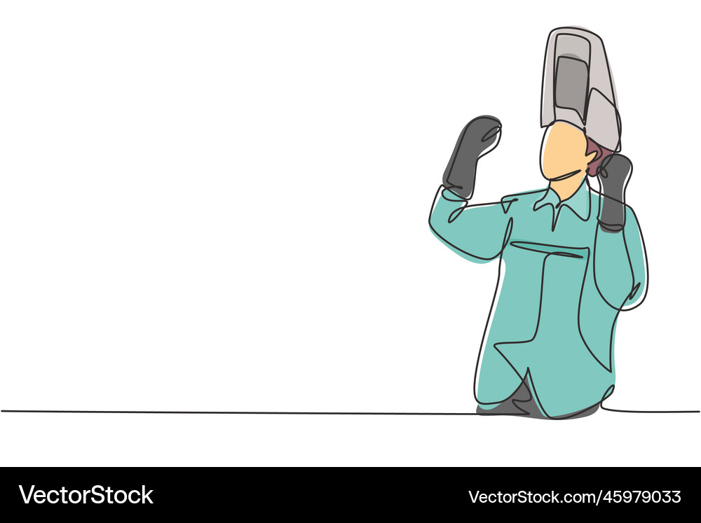 Continuous one line drawing welder with celebrate Vector Image