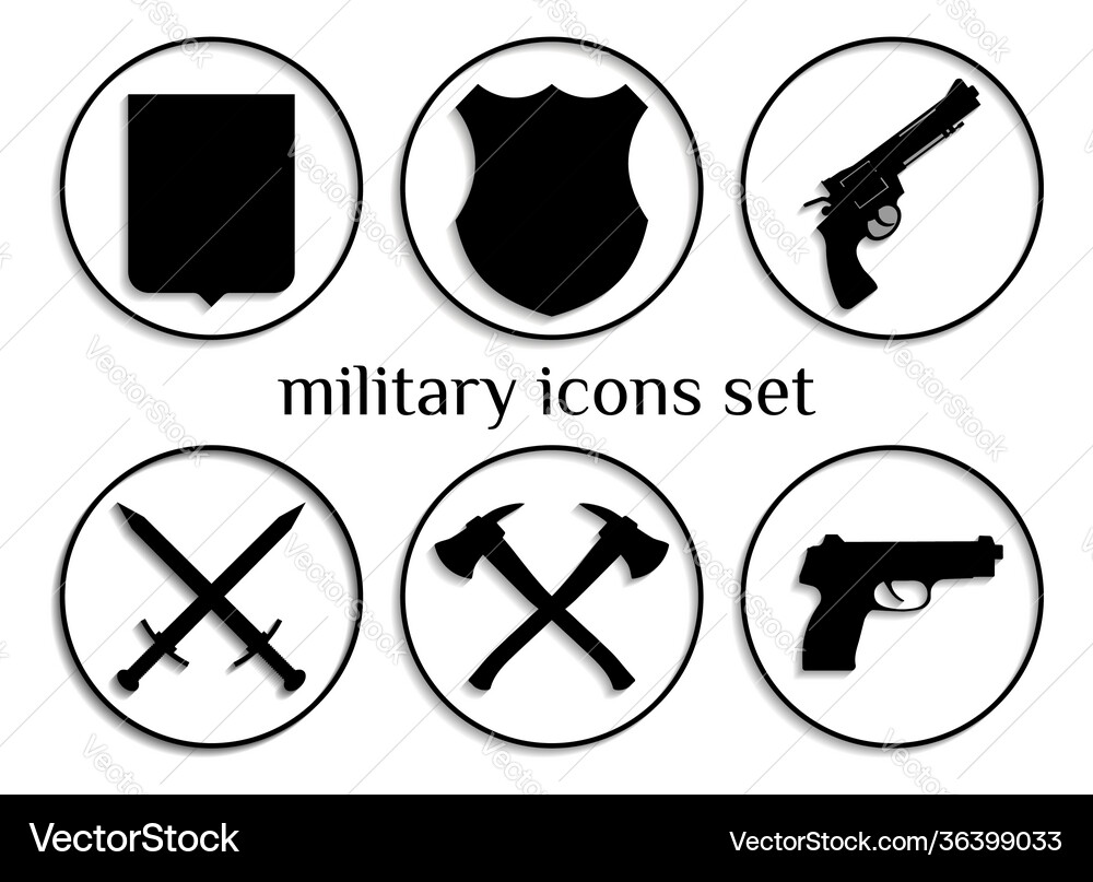 Set black military icons with shadows Royalty Free Vector
