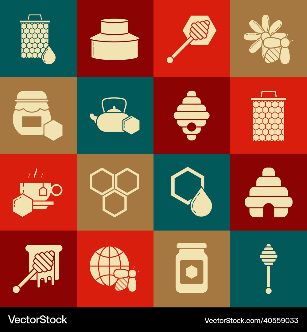 Set honey dipper stick hive for bees honeycomb Vector Image