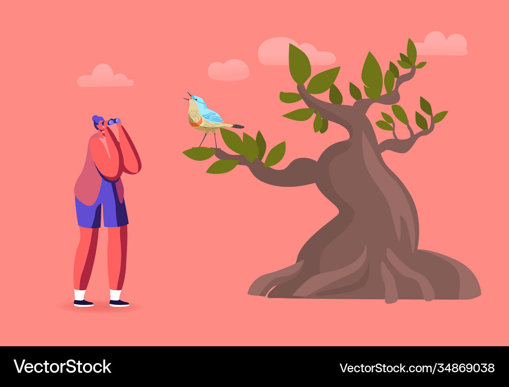 Female ornithologist with binoculars watching bird