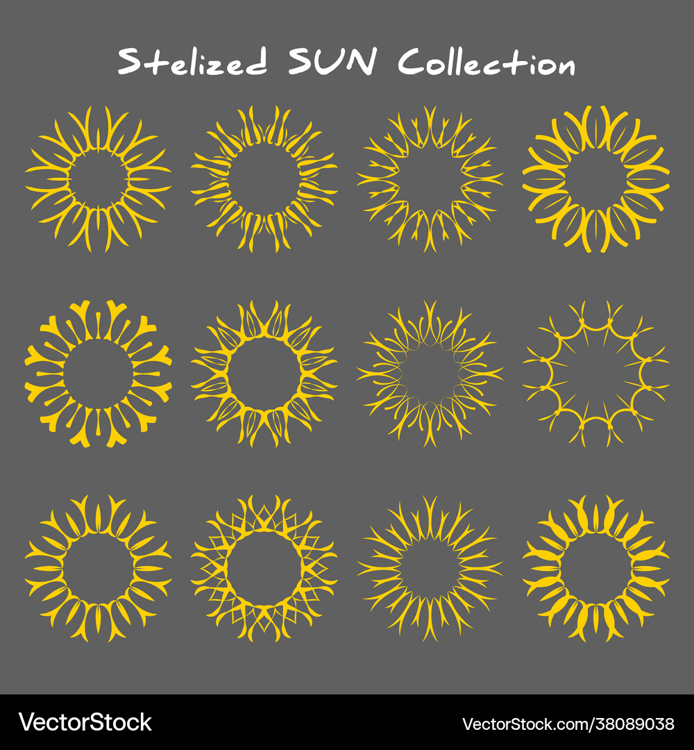 Stylized yellow sun flat icons set isolated Vector Image