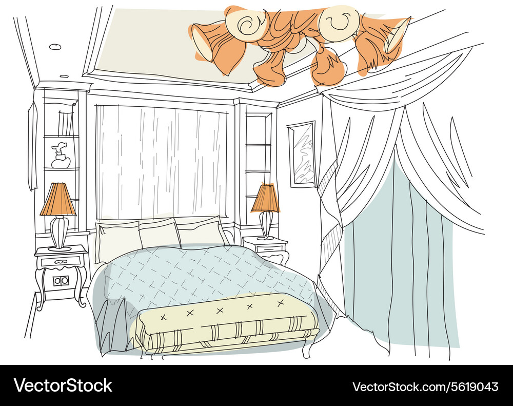 Contemporary interior doodles bedroom Royalty Free Vector