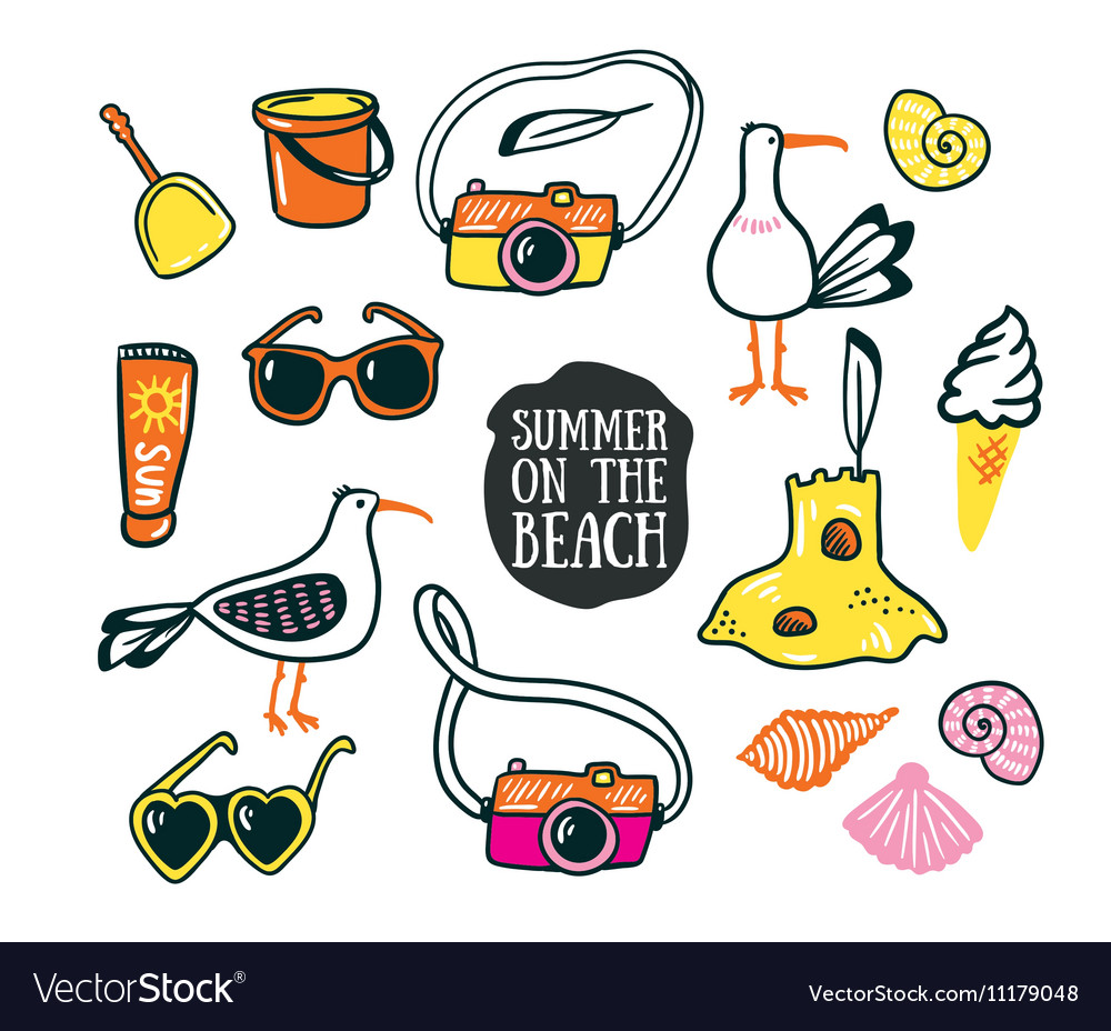 A set cute summer and beach icons hand drawn Vector Image A set cute summer and beach icons hand drawn Vector Image