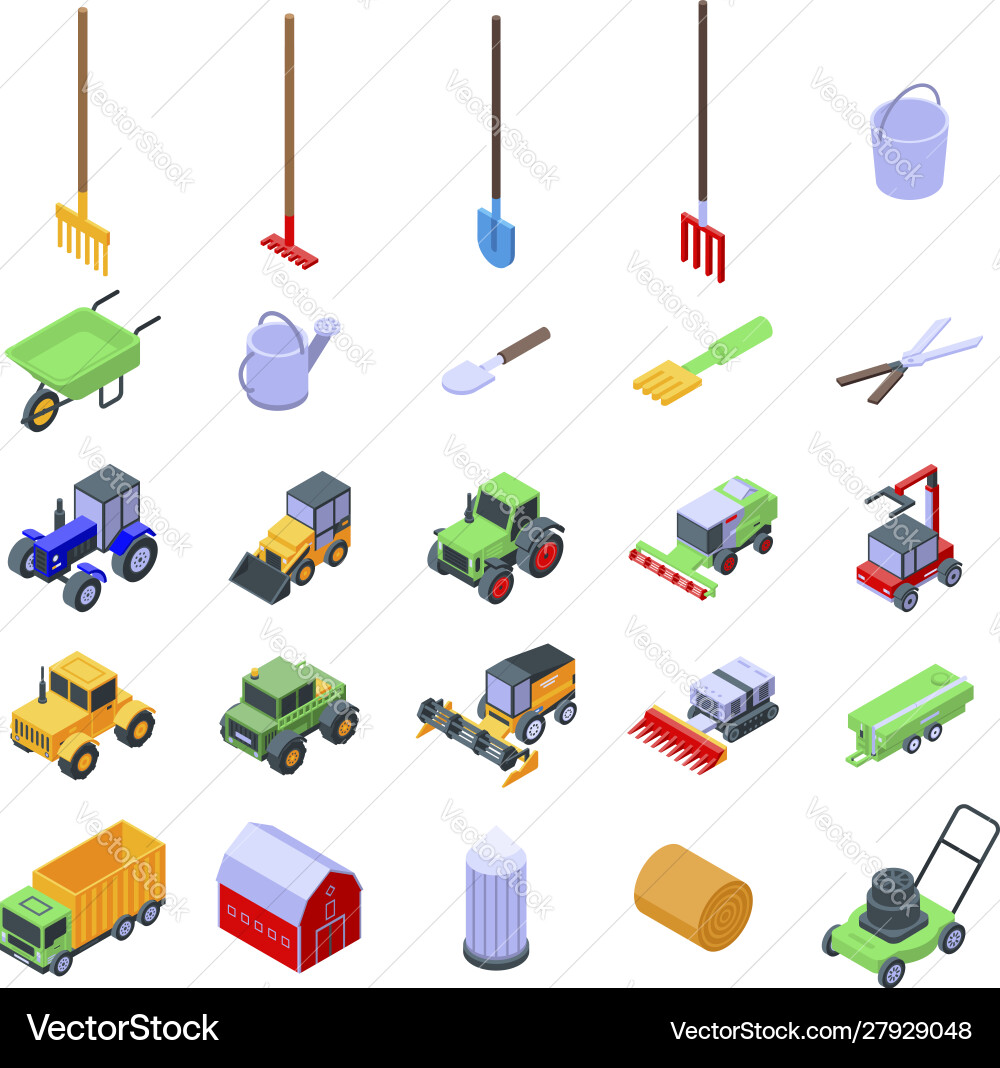 Farming equipment icons set isometric style Vector Image