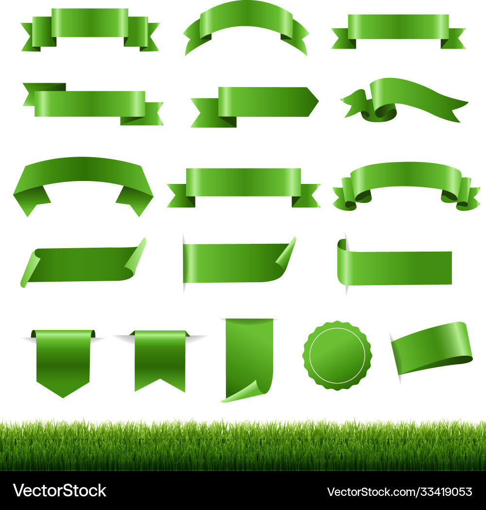 Green labels and ribbon set with grass Royalty Free Vector